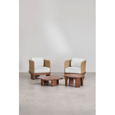 Wohnzimmerset mit 2 Sesseln und 2 Couchtischen aus Rattan und Famara-Akazienholz - SKLUM