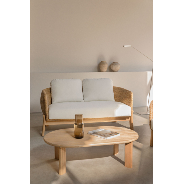 Leilan Wohnzimmerset mit 2-Sitzer-Sofa und Couchtisch aus Akazienholz und Rattan - SKLUM