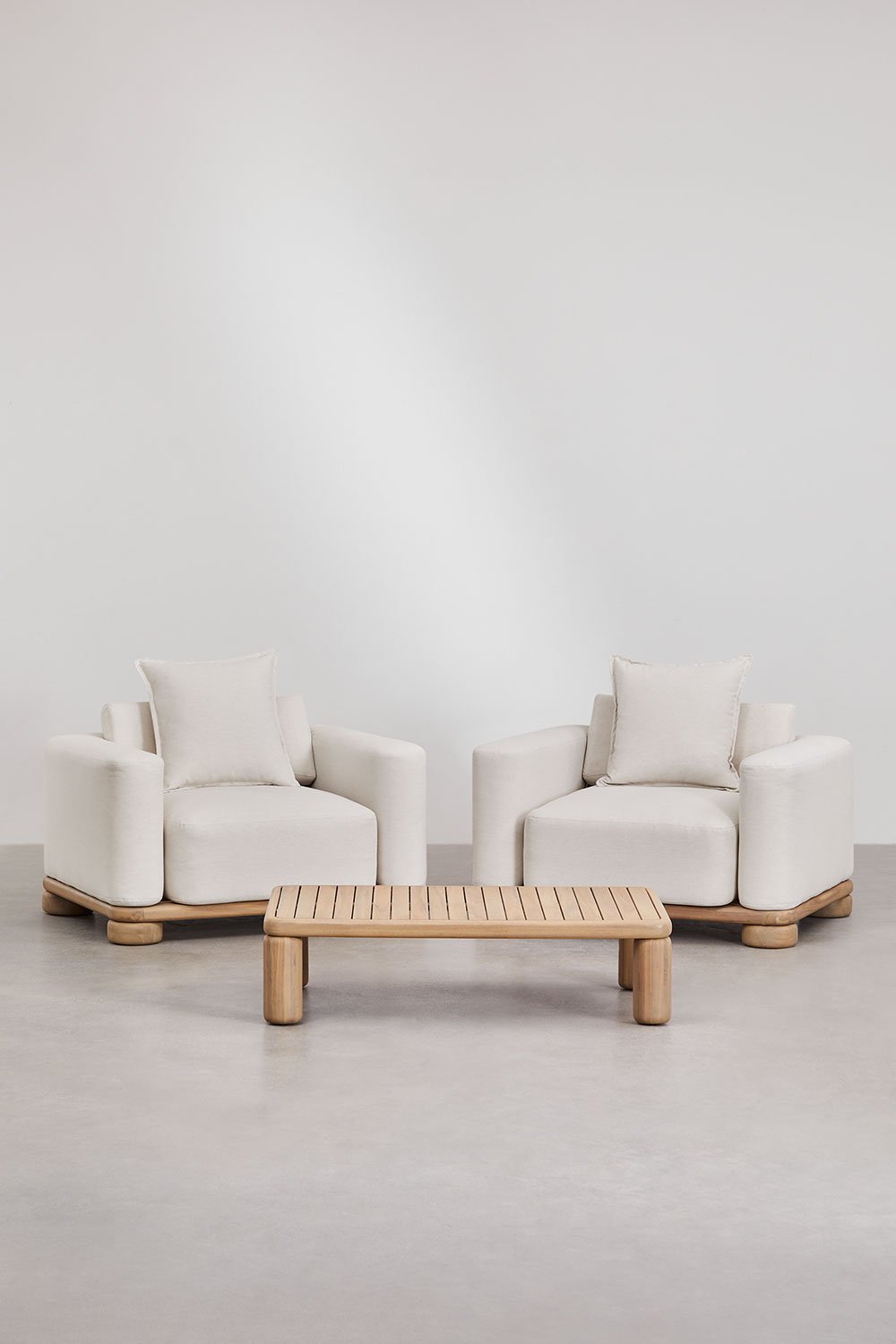Wohnzimmer-Set mit 2 Sesseln und Couchtisch aus Akazienholz 125x80 cm Ioanis - SKLUM