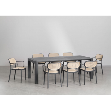 Arnadine Rectangular Table Set (220x100 cm) and 8 Stackable Dining Chairs with Omara Armrests ...