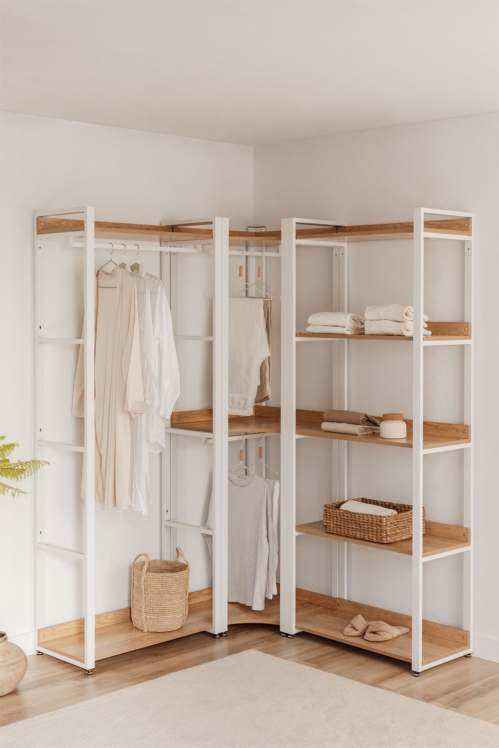 Open Corner Modular Wardrobe 3-Piece with Steel and Wood Clothes Rack ...