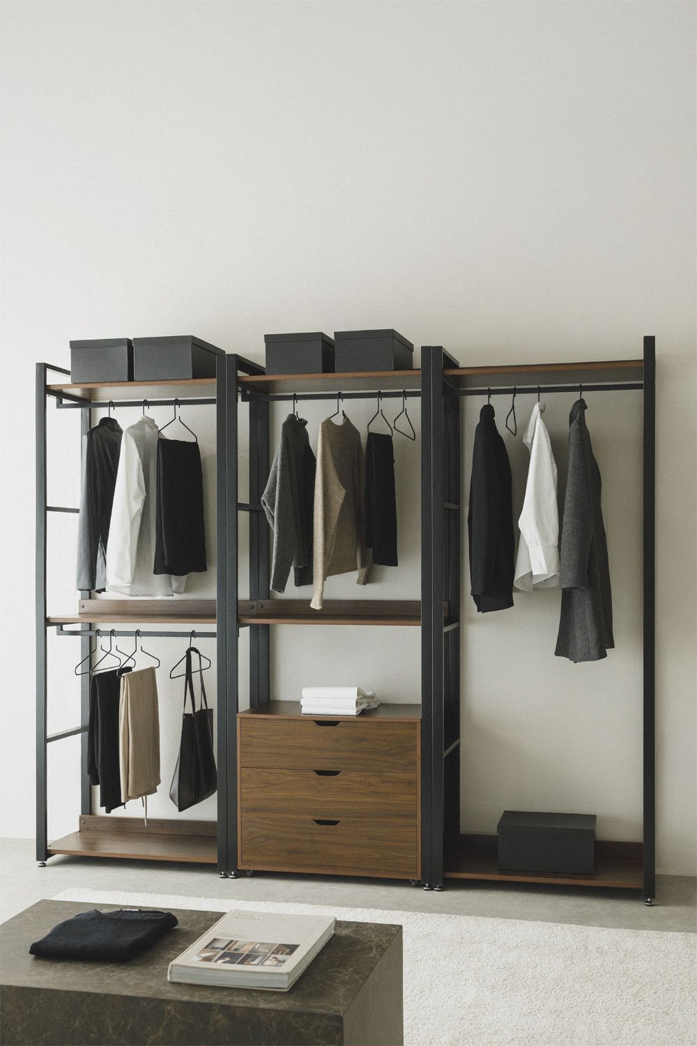 Open Modular Wardrobe with 3 Pieces and Drawers in Steel and Wood ...