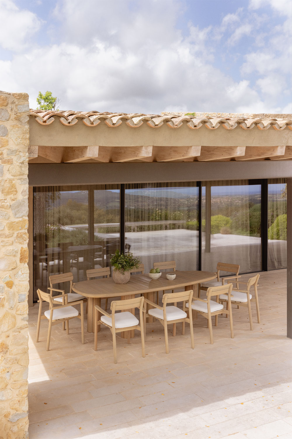 Danara 260 cm oval table set and 10 Saira acacia wood garden chairs - SKLUM