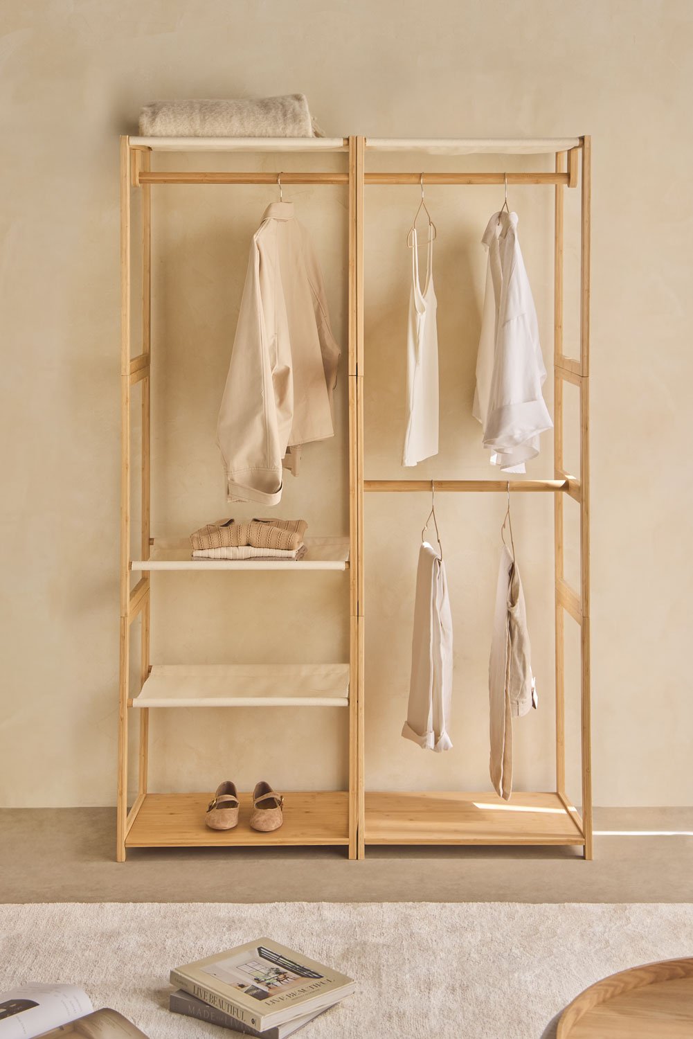 Deneb Bamboo 2-Piece Open Modular Wardrobe with Shelves and Clothes ...