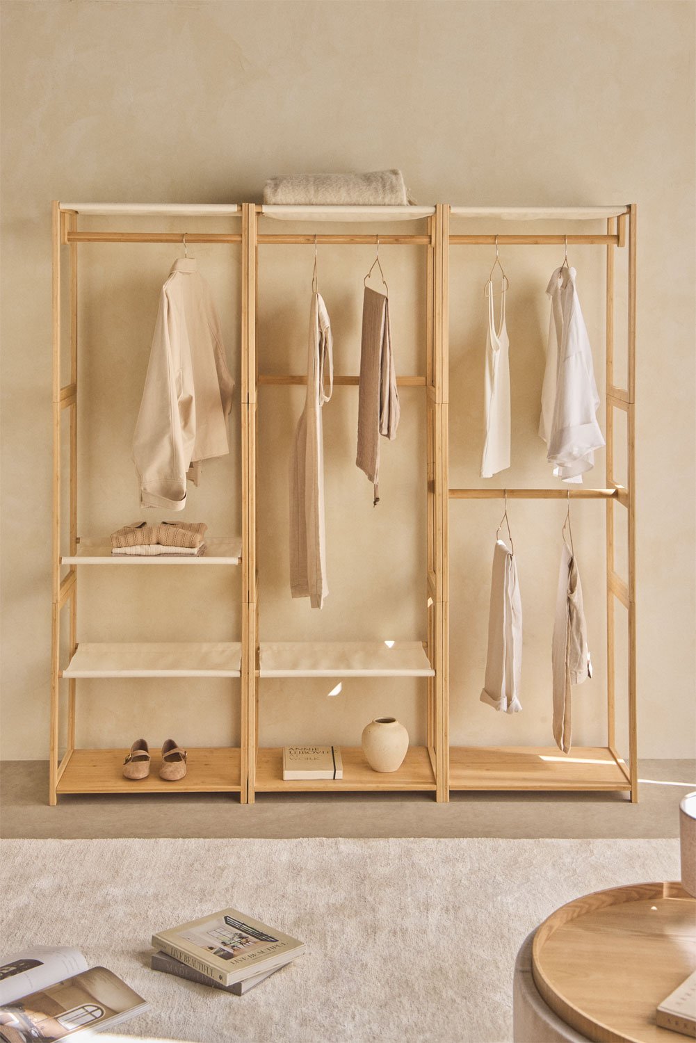 Deneb 3-piece open modular wardrobe with bamboo clothes rack - SKLUM