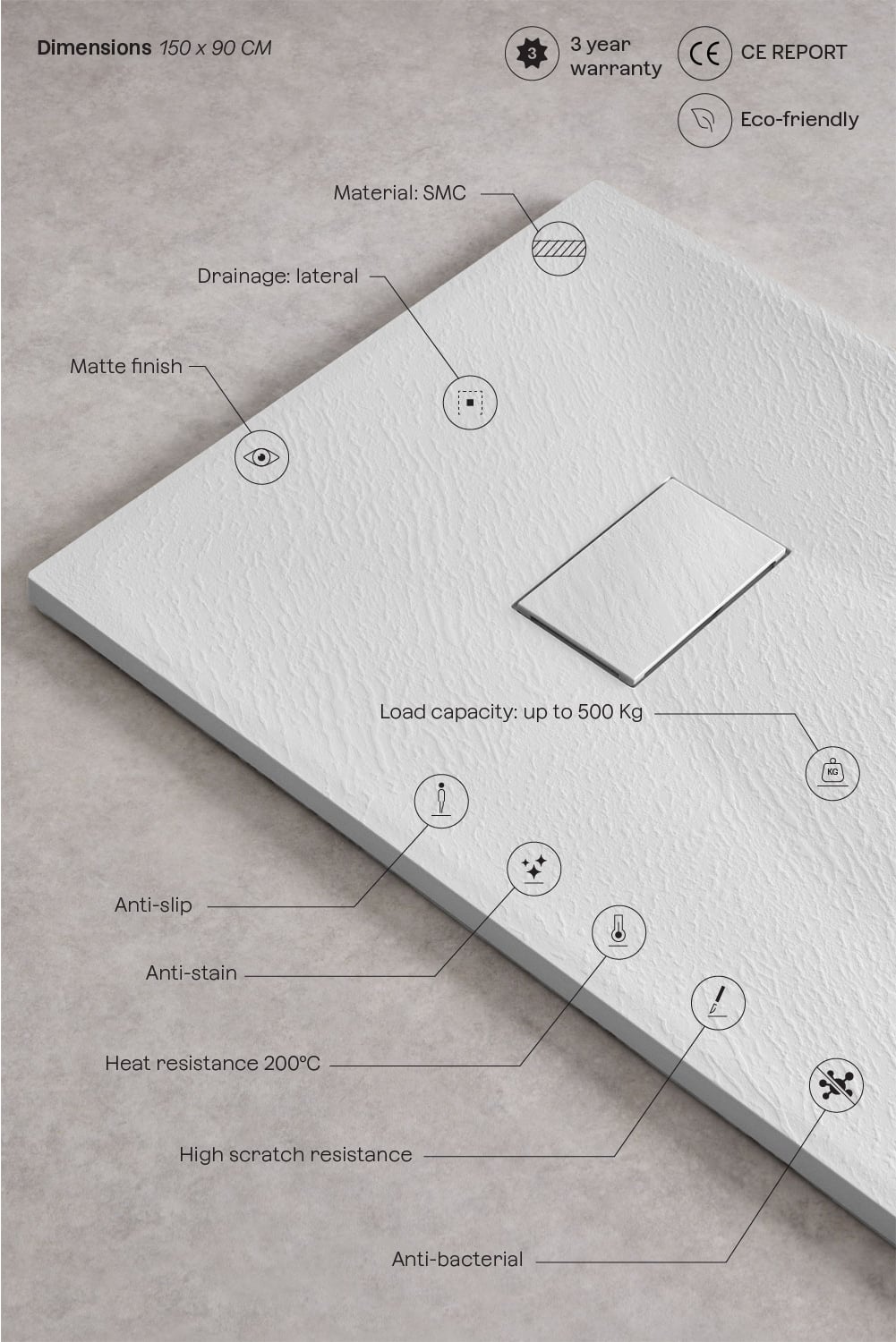 Rectangular non-slip extra-flat SMC resin shower tray 150x90 cm White ...