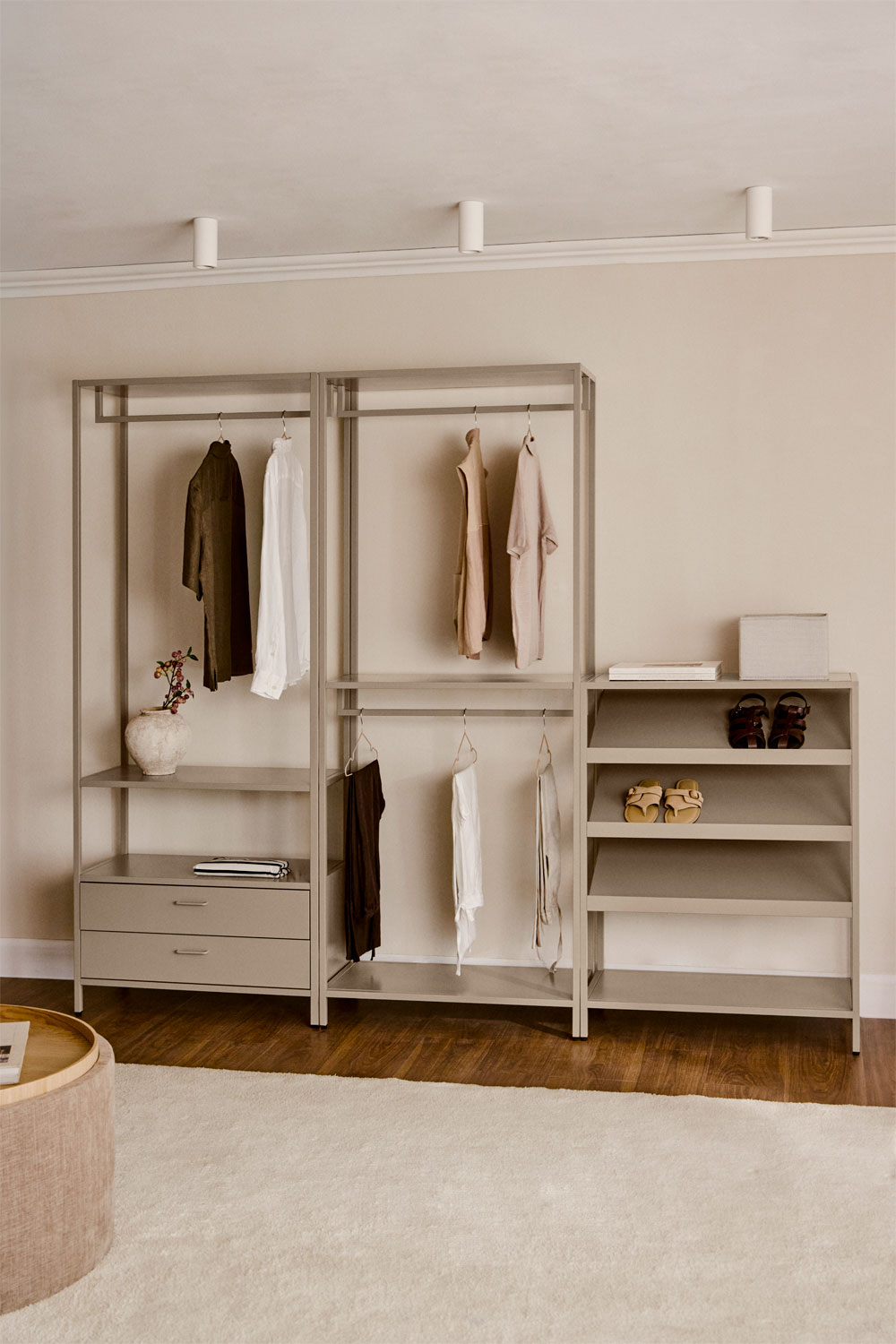 Janine 3-piece open modular wardrobe with low steel shoe rack - SKLUM