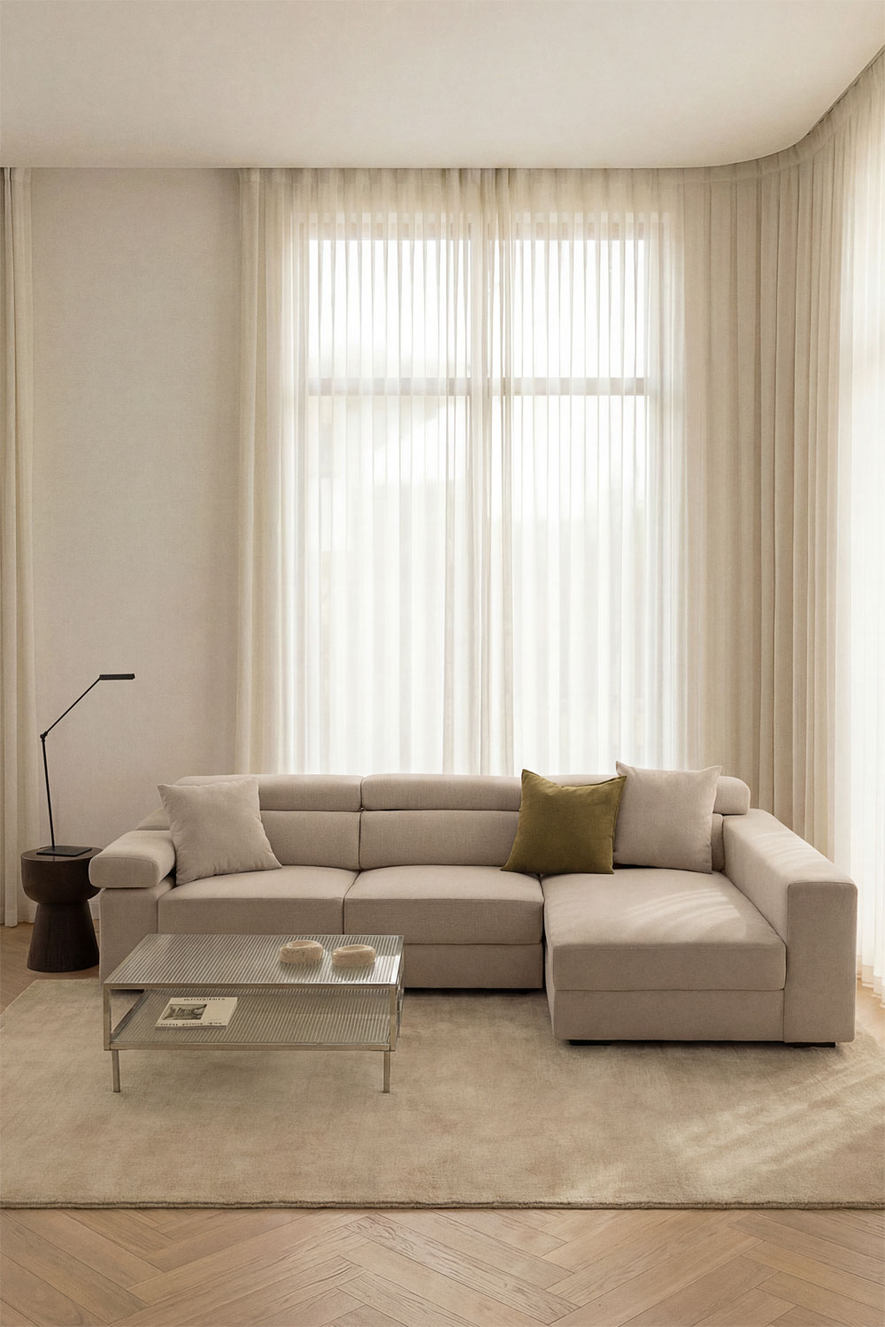 Rechte 3-zits chaise longue bank met verstelbare hoofdsteun en ...