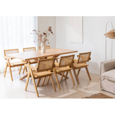 Rectangular Dining Table Set (180x90 cm) Arnaiz And 6 Chairs with Armrests in Fresno Wood and ...