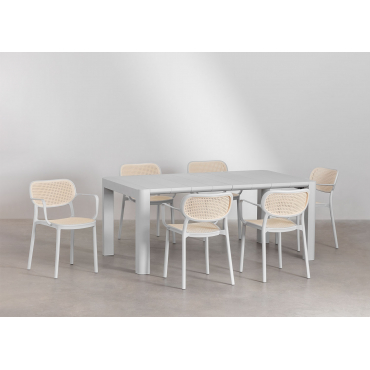 Arnadine Rectangular Table Set (180x100 cm) and 6 Stackable Dining Chairs with Omara Armrests ...