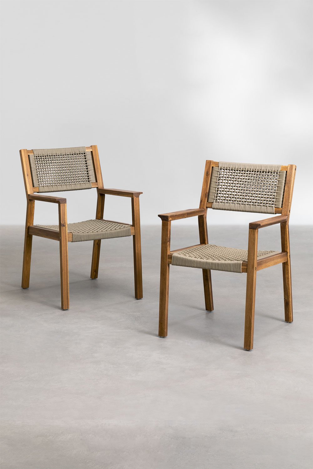 Tenay Square Acacia Wood and Braided Rope Dining Chair with Armrests - SKLUM