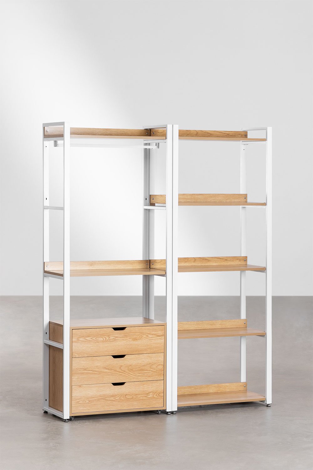 2-piece open modular wardrobe with drawers, steel shelving, and MDF ...