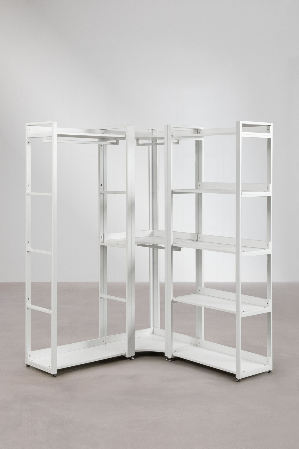 3-piece open corner modular wardrobe with steel and wood coat rack ...