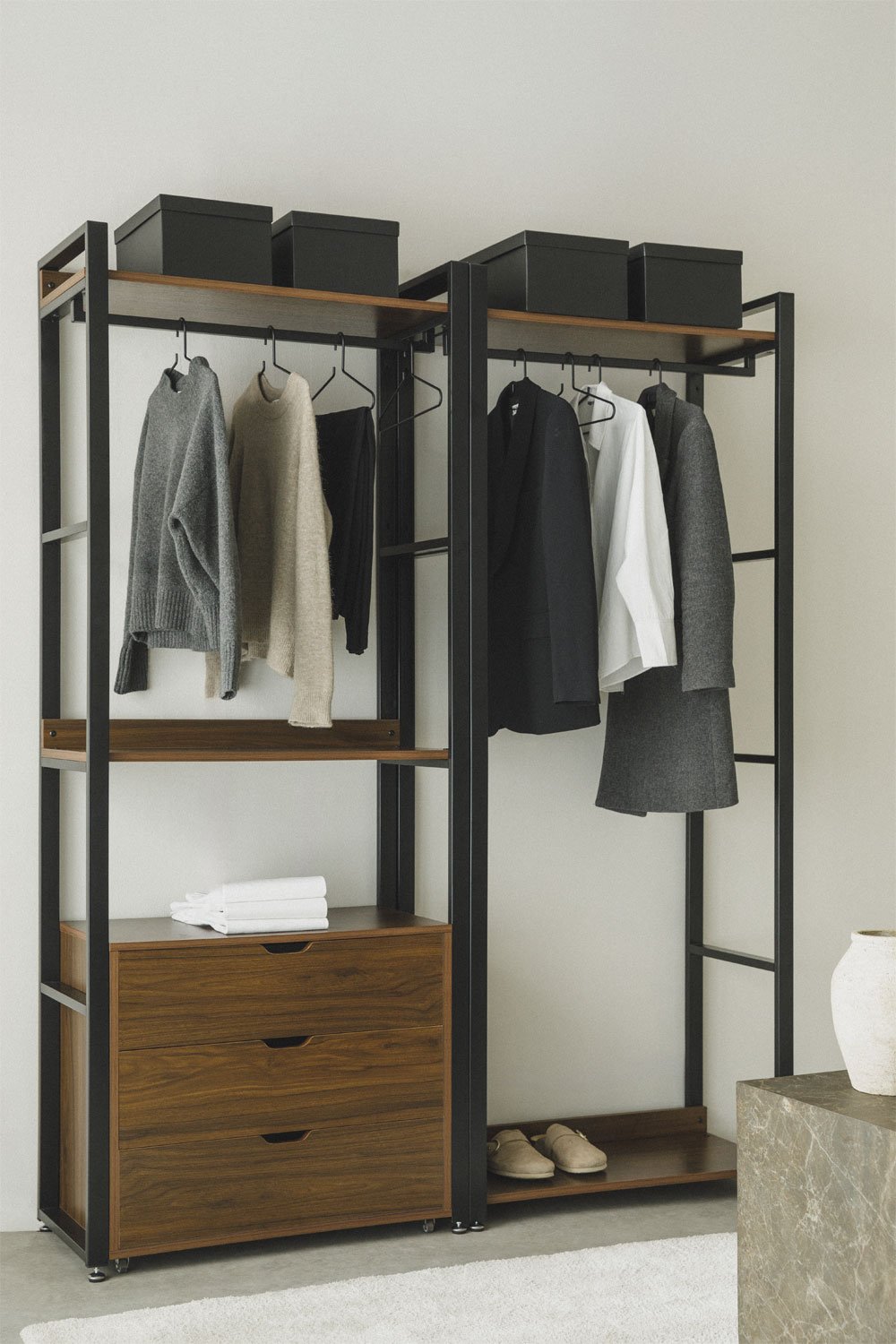 2-piece open modular wardrobe with clothes rail, steel and MDF drawers ...